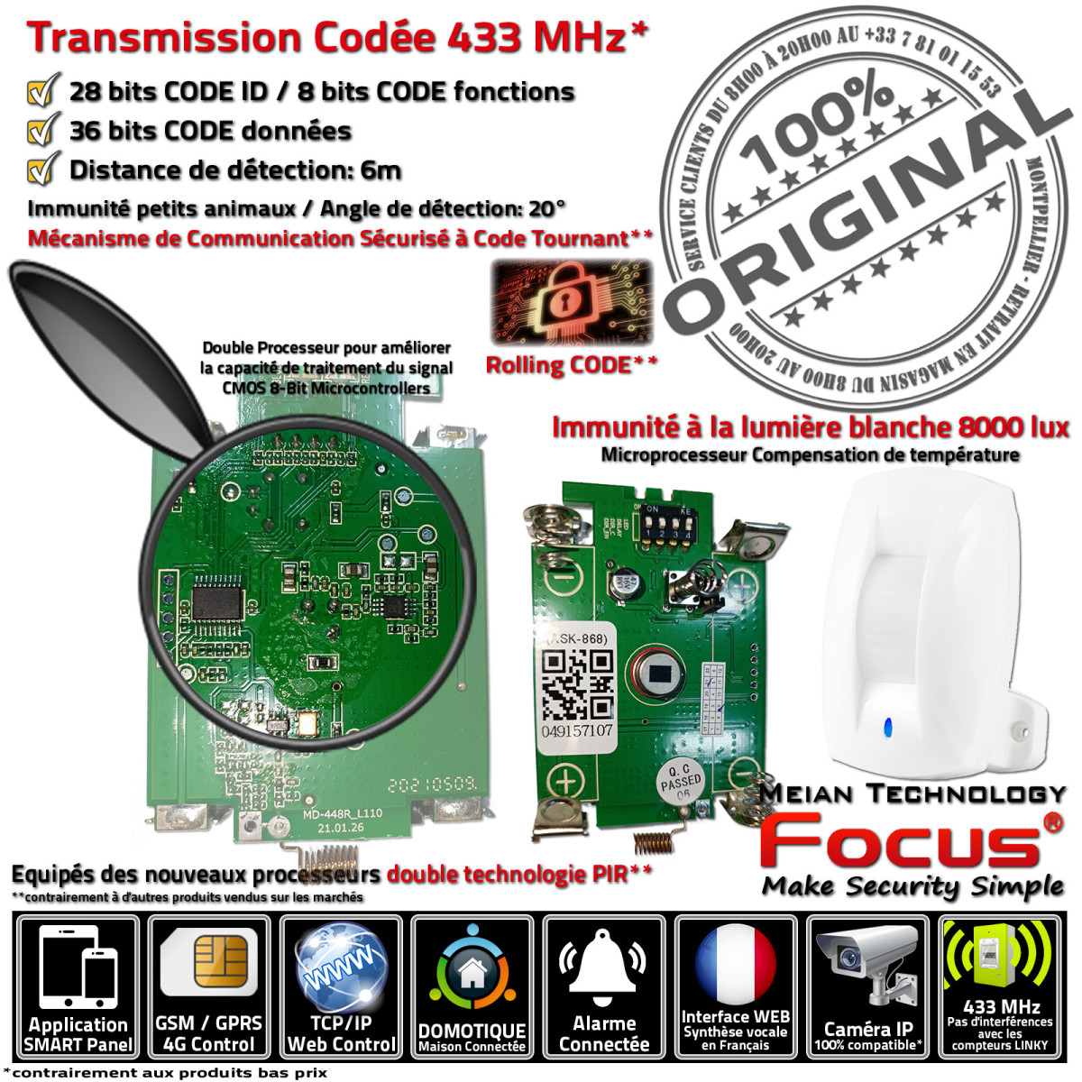 Détecteur de mouvement PIR MD-448R Meian 433 MHz pour centrale d'alarme