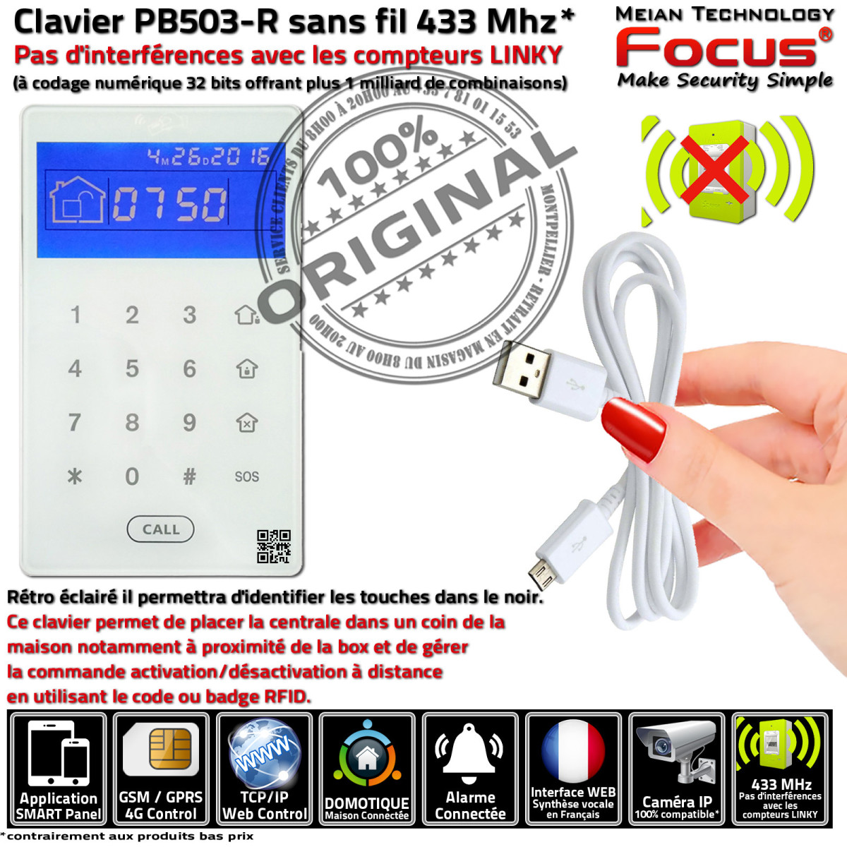 Système de sécurité connecté PB503-R 433MHz GSM Clavier sans fil tactile